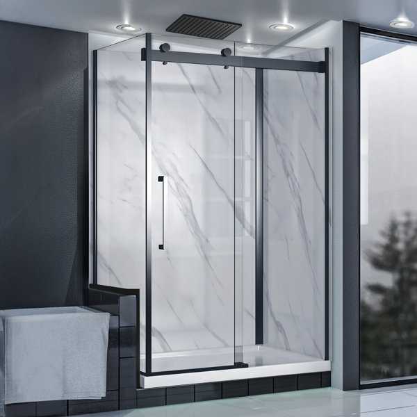 Dreamwerks Bristol 48" W x 32" D x 79.2" H Framed Rectangular Reversible Shower Kit in Black ...